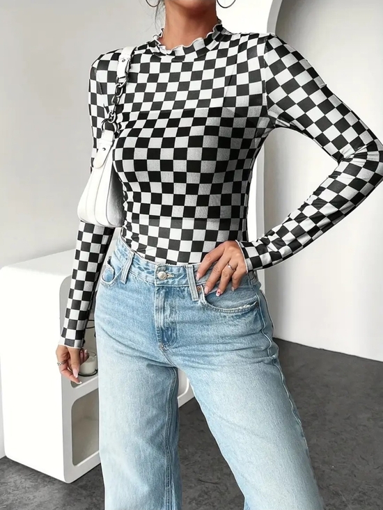 Tops | Checkerboard Mesh Fitted Long Sleeve Top Black White | Poshmark